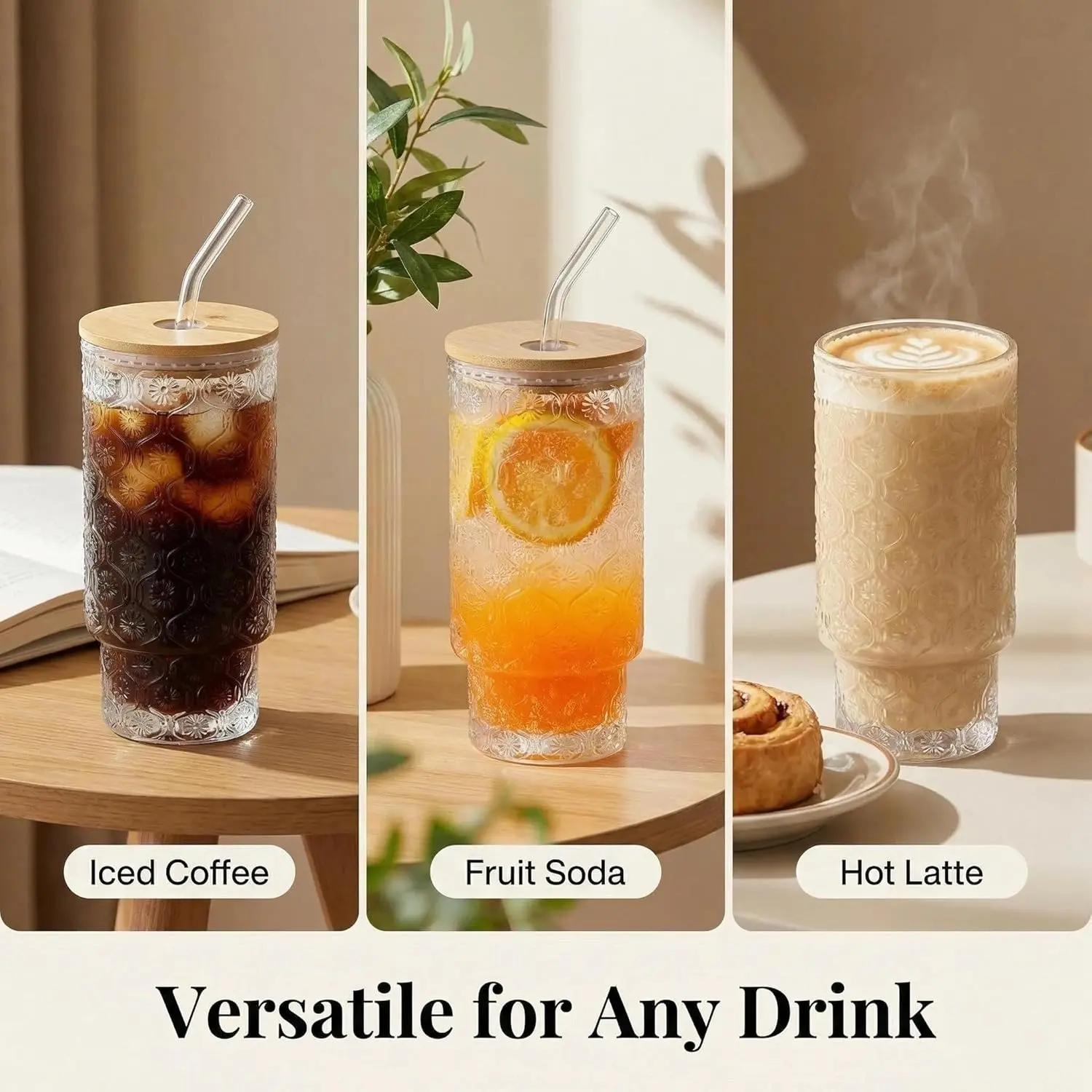 4Set Iced Coffee Glass Tumbler with Lid and Glass Straw Set - 11oz/20oz ...