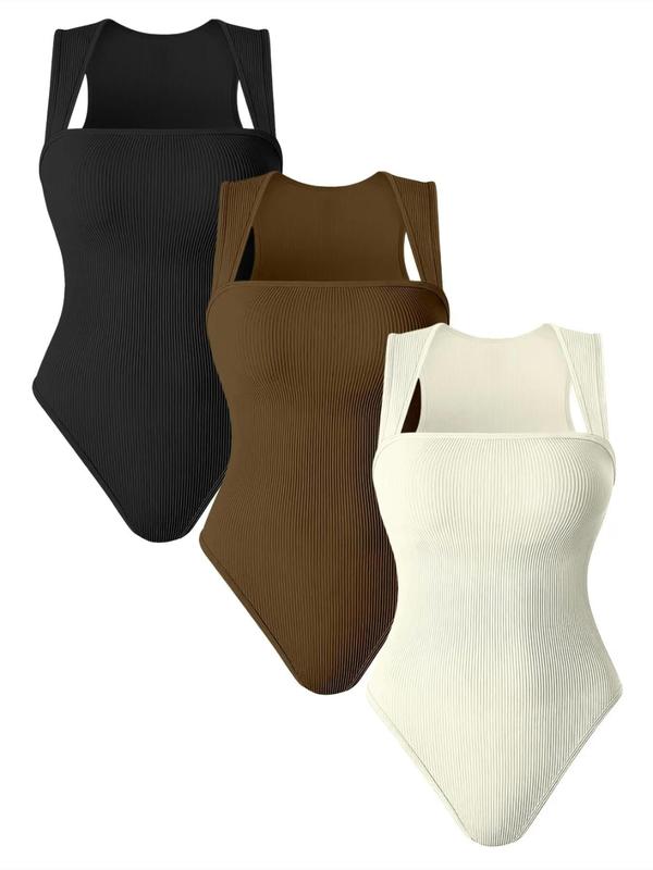Women's Solid Ribbed Bodysuit, Casual Comfy Breathable Sleeveless ...