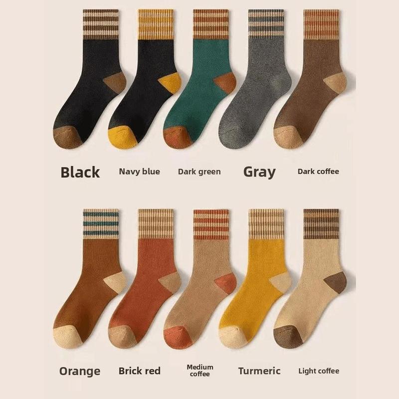Retro Striped Color Block Crew Socks, 5 Pack, Casual Cotton Blend ...