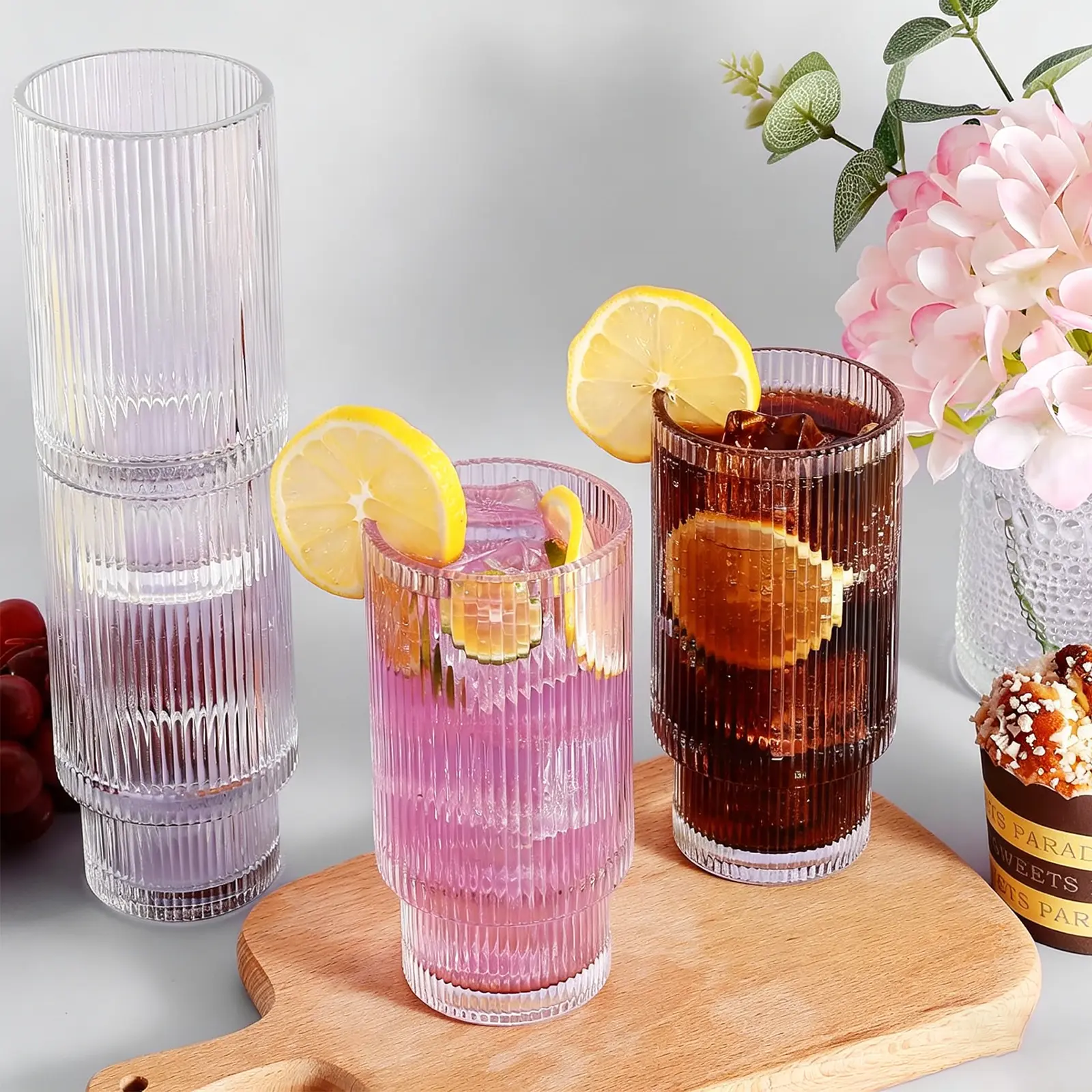 Ribbed Drinking Glasses Set of 6, 16 oz Vintage Glass Cups, Highball ...