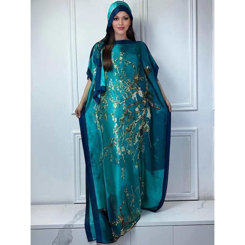 Tree Print Crew Neck Kaftan Dress, Elegant Batwing Sleeve Loose Fit ...