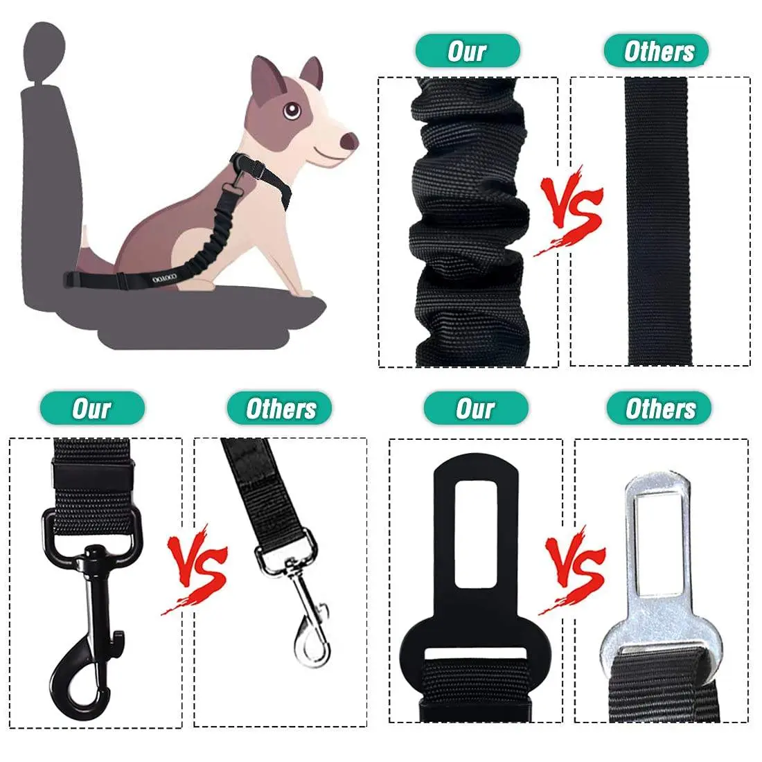 2 Heavy Duty Elastic Retractable Dog Seat belt with Foldable Bowl and ...