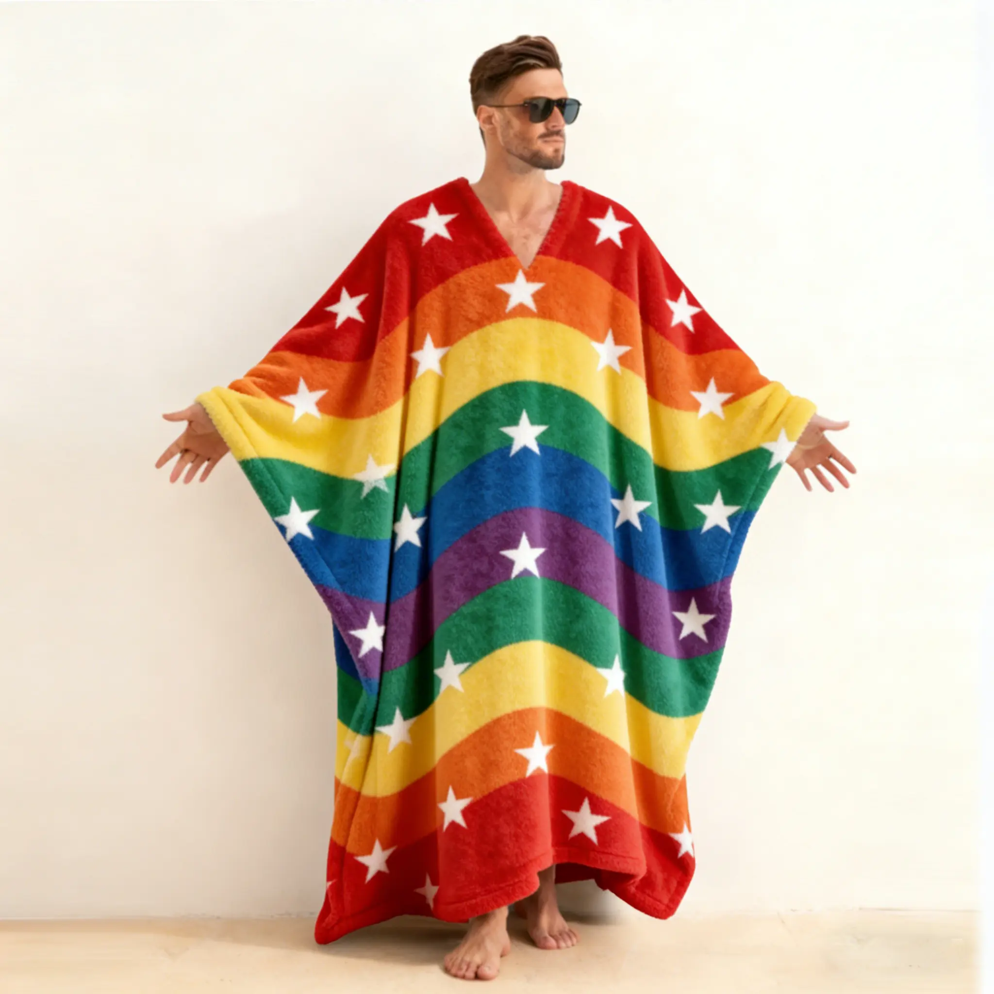 Rainbow Pride Print LGBTQ+ Men's Flannel V-Neck Long Robe Kaftan ...