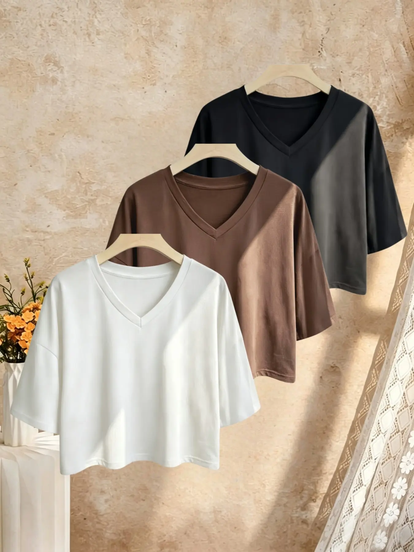 American Casual V-Neck Short Sleeve T-Shirt, Loose Drop Shoulder Slim ...