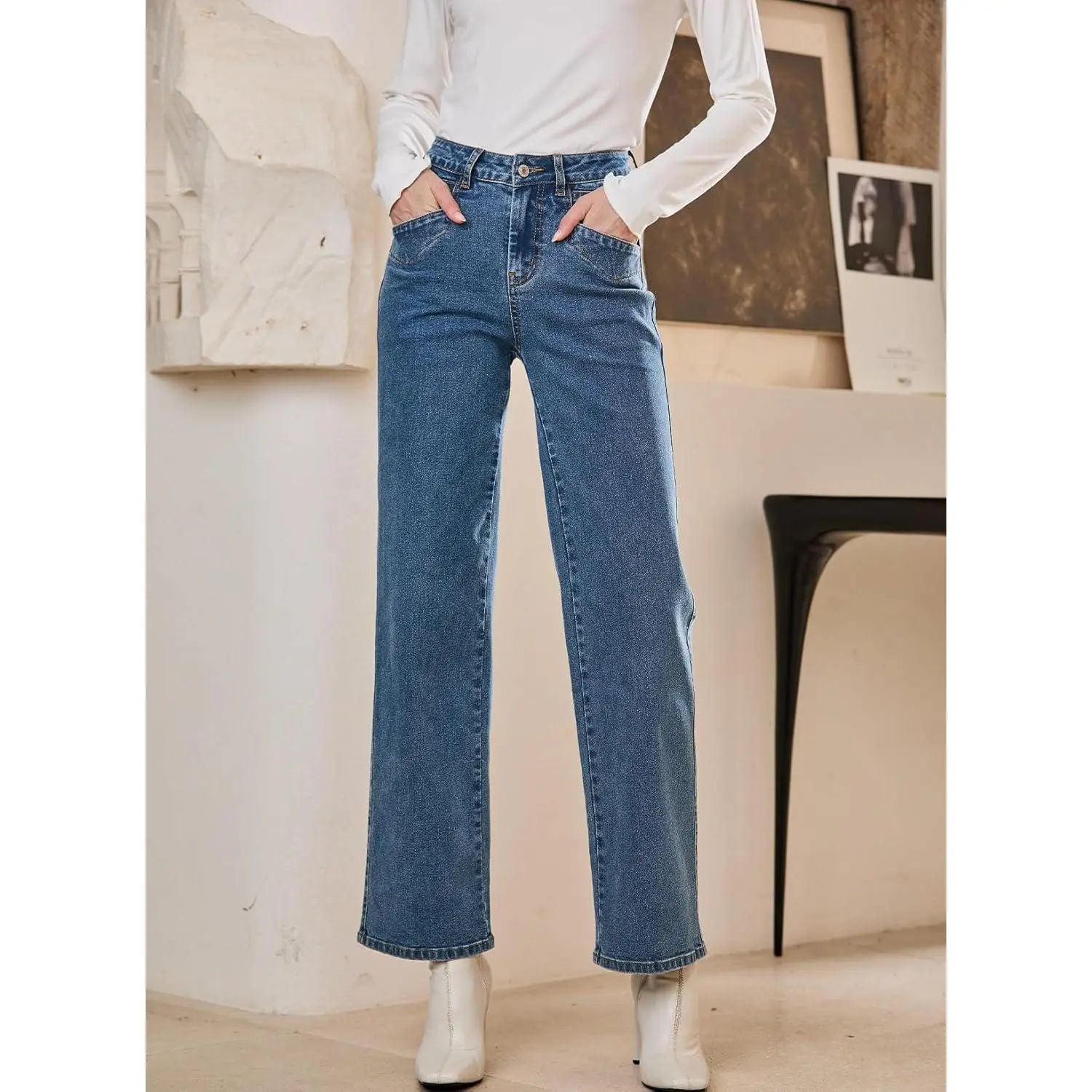 Women's Straight Leg Jeans High Waisted Stretchy Jeans Wide Leg Ankle ...