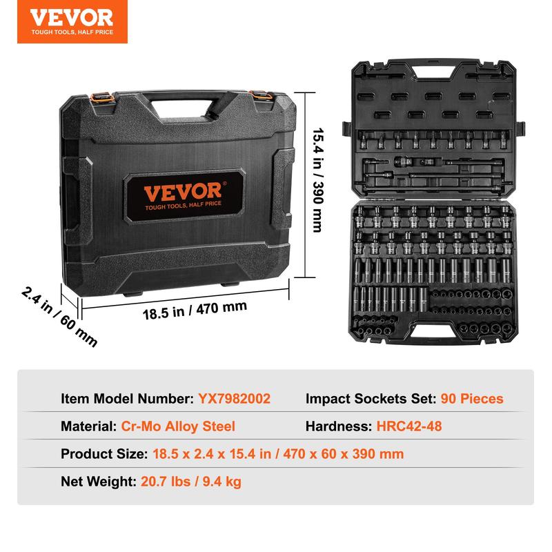 VEVOR 3/8" Drive Impact Socket Set, 90 Piece SAE 1/4"-3/4" and Metric 6 ...