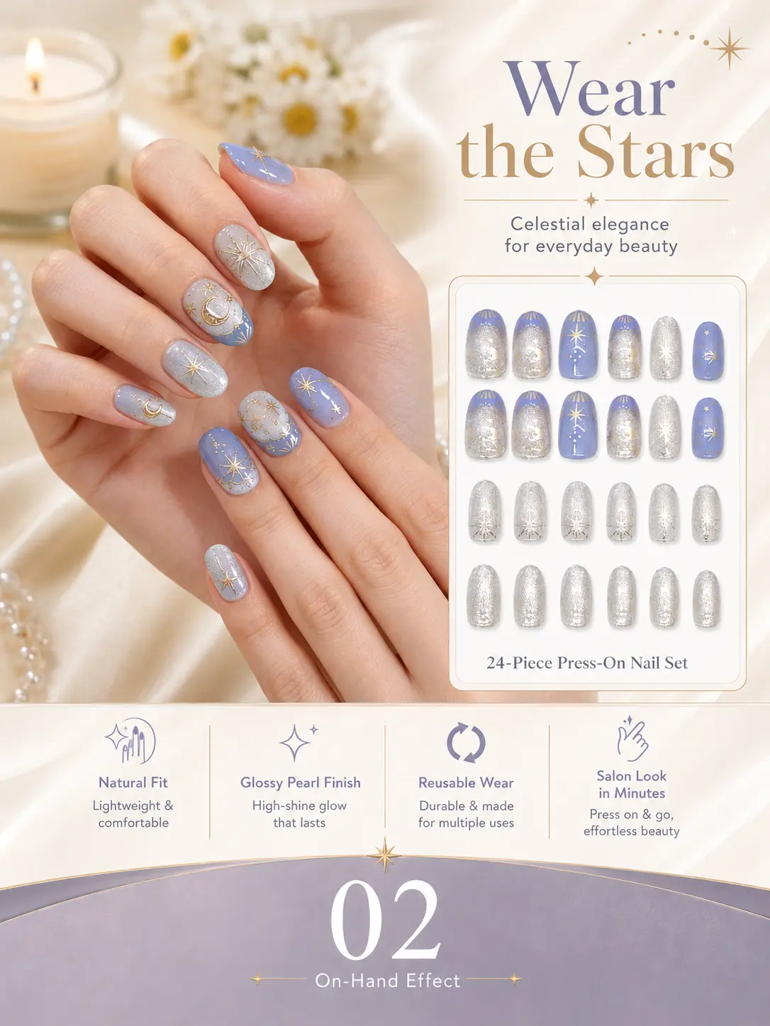 24Pcs Lavender Blue Silver Glitter Press on Nail Sets Short Oval Star ...