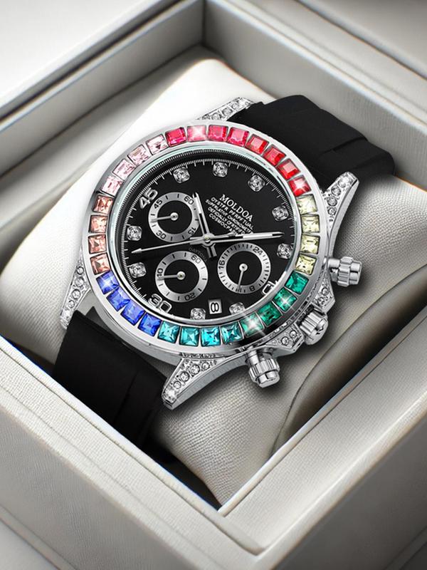 Men's Fashion Colorful Rhinestone Decor Round Dial Quartz Watch ...