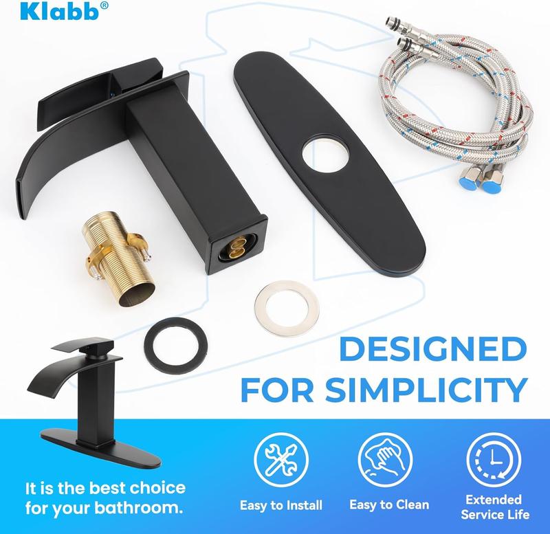 Klabb S16 Black Waterfall Spout Bathroom Faucet, Single Handle Bathroom ...