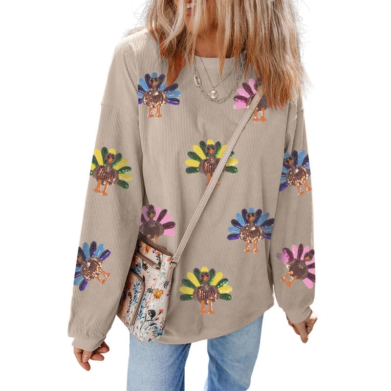 Women's Sequin Turkey Graphic Corded Drop Shoulder Thanksgiving Day ...