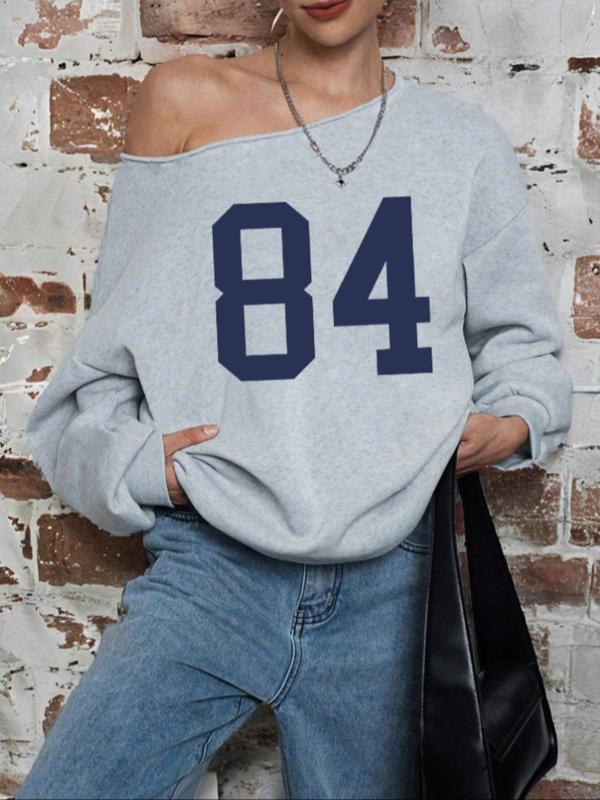 Women's Number Print One Shoulder Sweatshirt, Casual Drop Shoulder Long ...