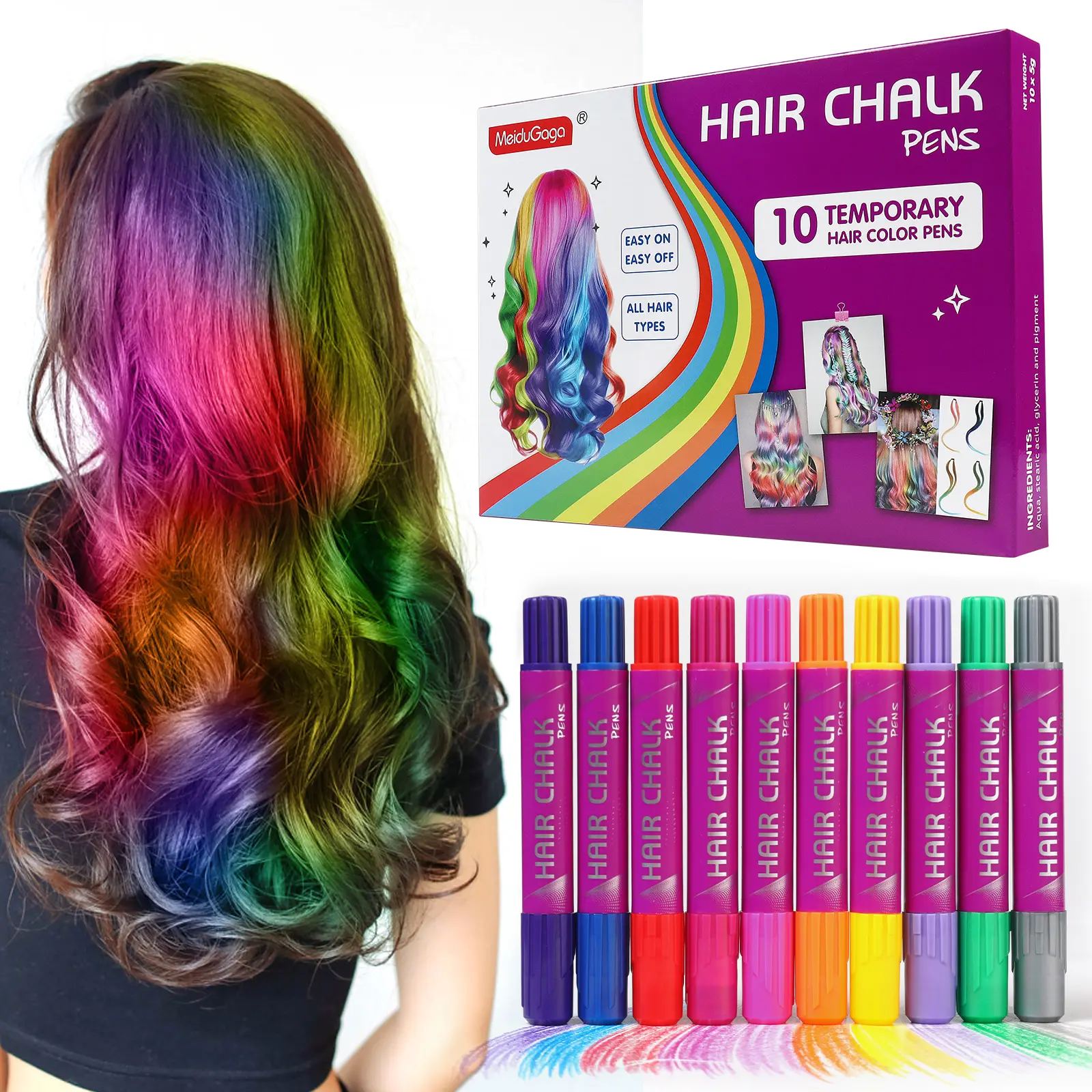 Temporary Hair Chalk Pens for Girls – 10 Color Washable Non-Toxic Hair ...