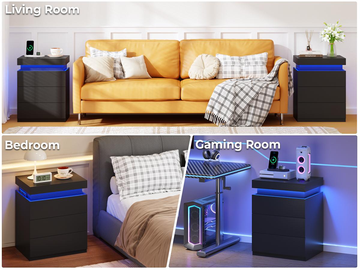 Modern Nightstand with Sliding Top Charging Station LED Lights 3 ...