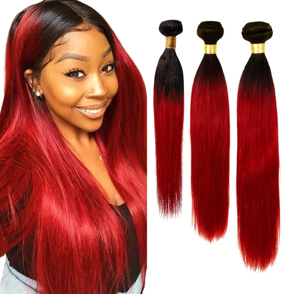 Straight Bundle Ombre Red 100% Remy Human Hair T1B/RED 15A Soft Double ...