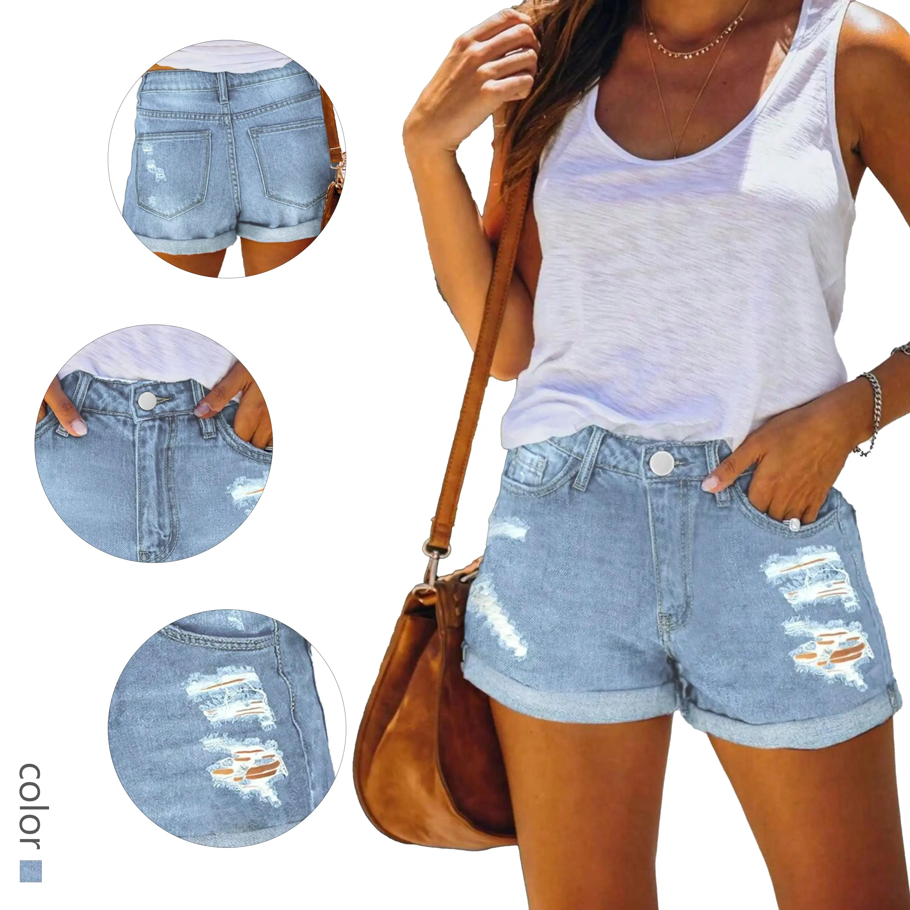 Stylish Women's Light Blue Skinny Cargo Shorts with Drawstring ...