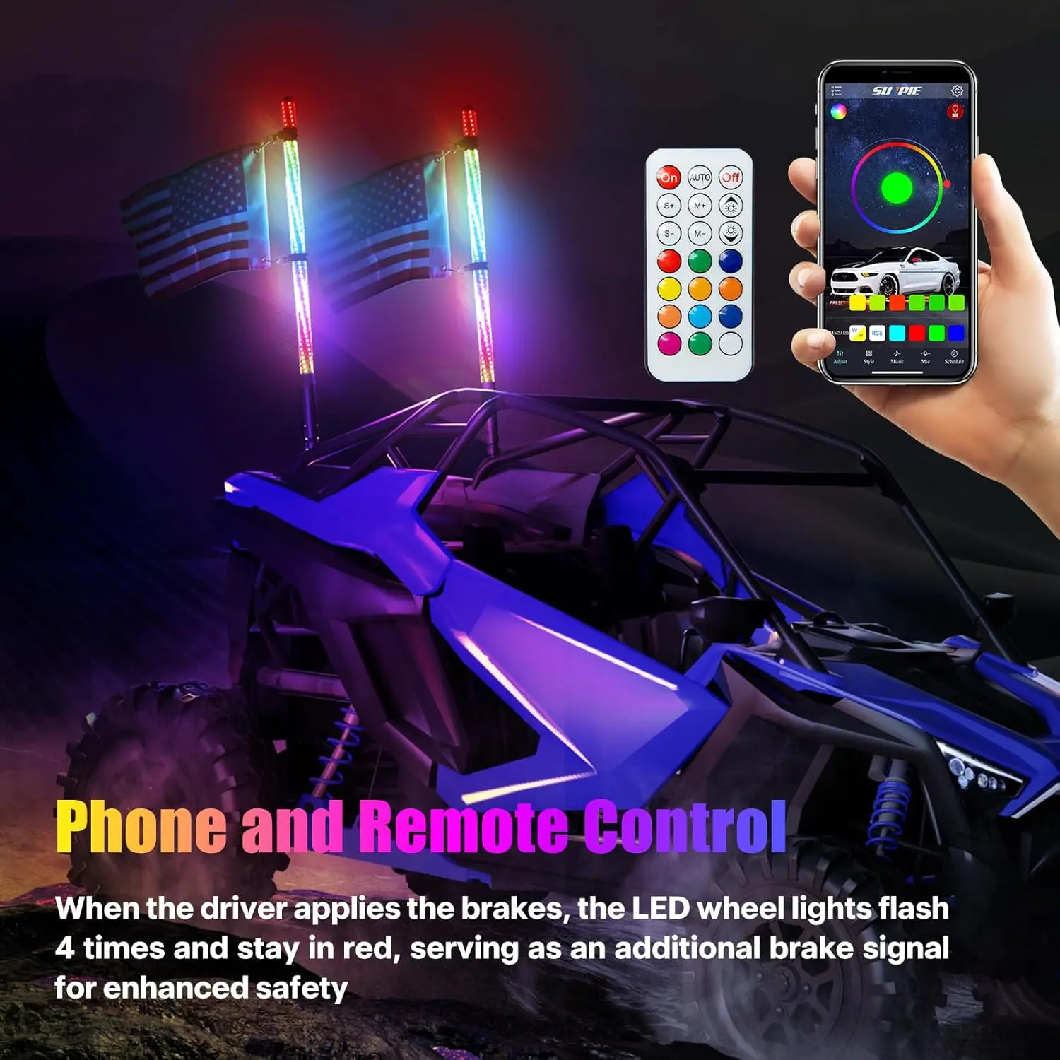 SUNPIE RGB Fat Whip Lights 3FT Universal Blare LED Strobe Lights for ...
