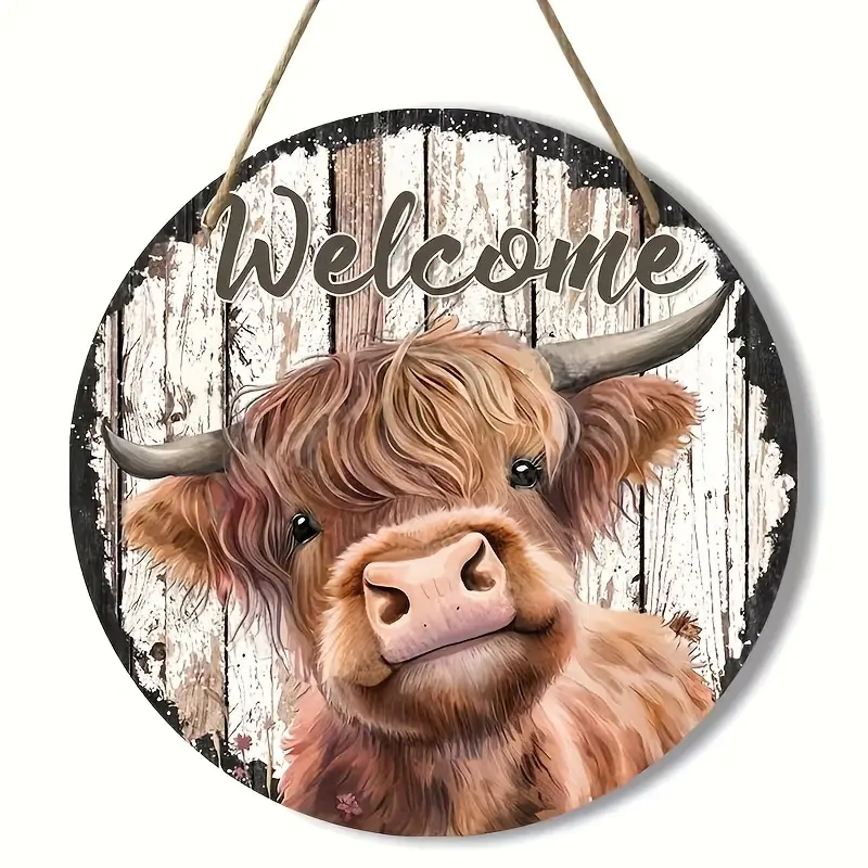 Round Farmhouse Welcome Sign with Classic Cow Print | 8x8 Inch Metal ...