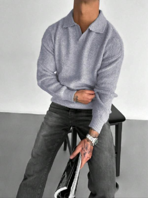 Men's Autumn Winter Casual Loose Fit Polo Shirt, Small V Neck Long ...