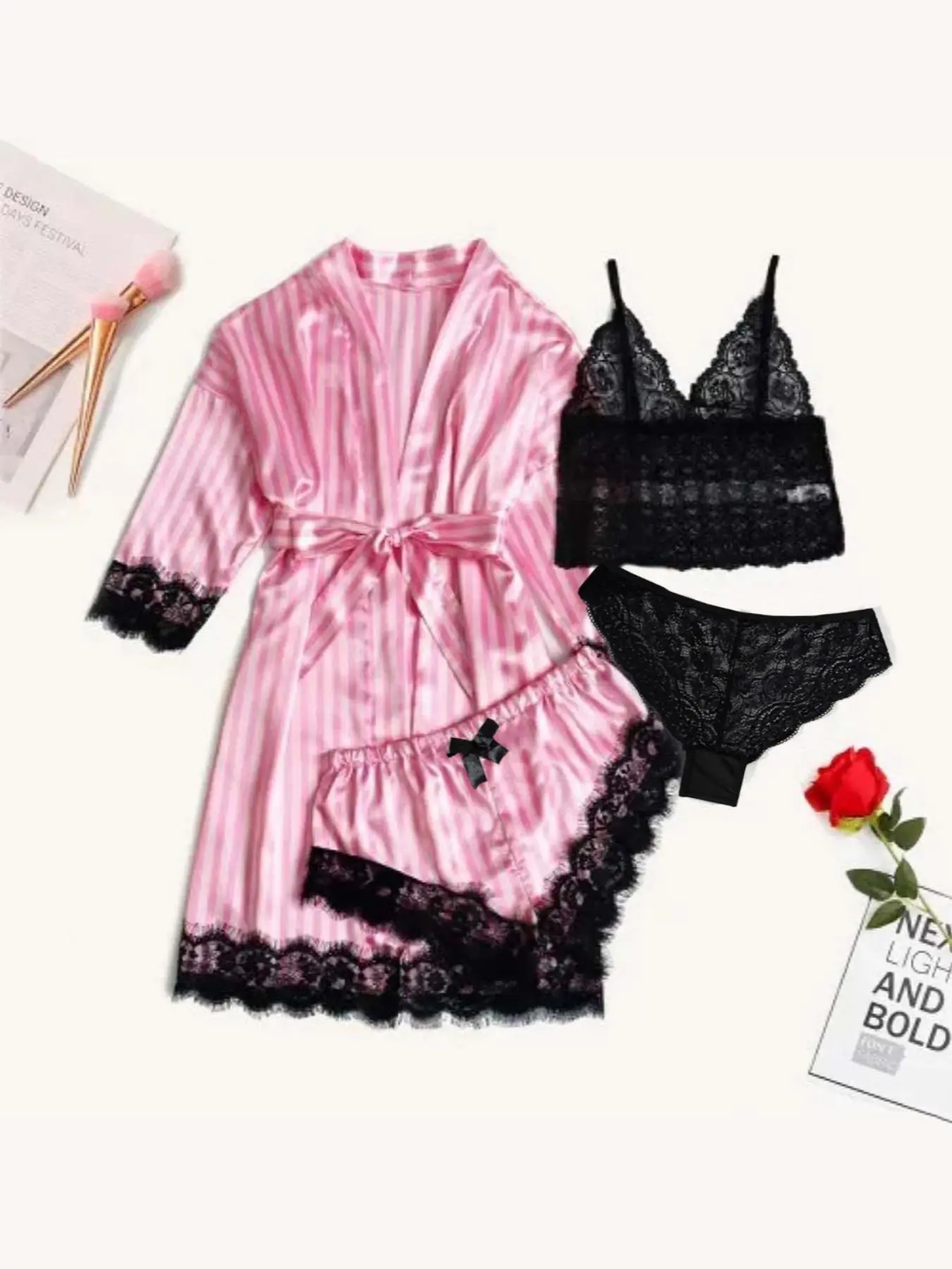 Women's Contrast Lace Lingerie Pyjama Set, Comfy Cozy Bra & Panty ...