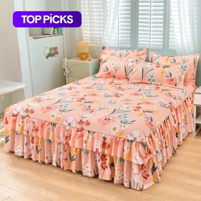 Floral Print Ruffled Edge Bed Skirt Set, 3 Counts/set Bed Skirt ...