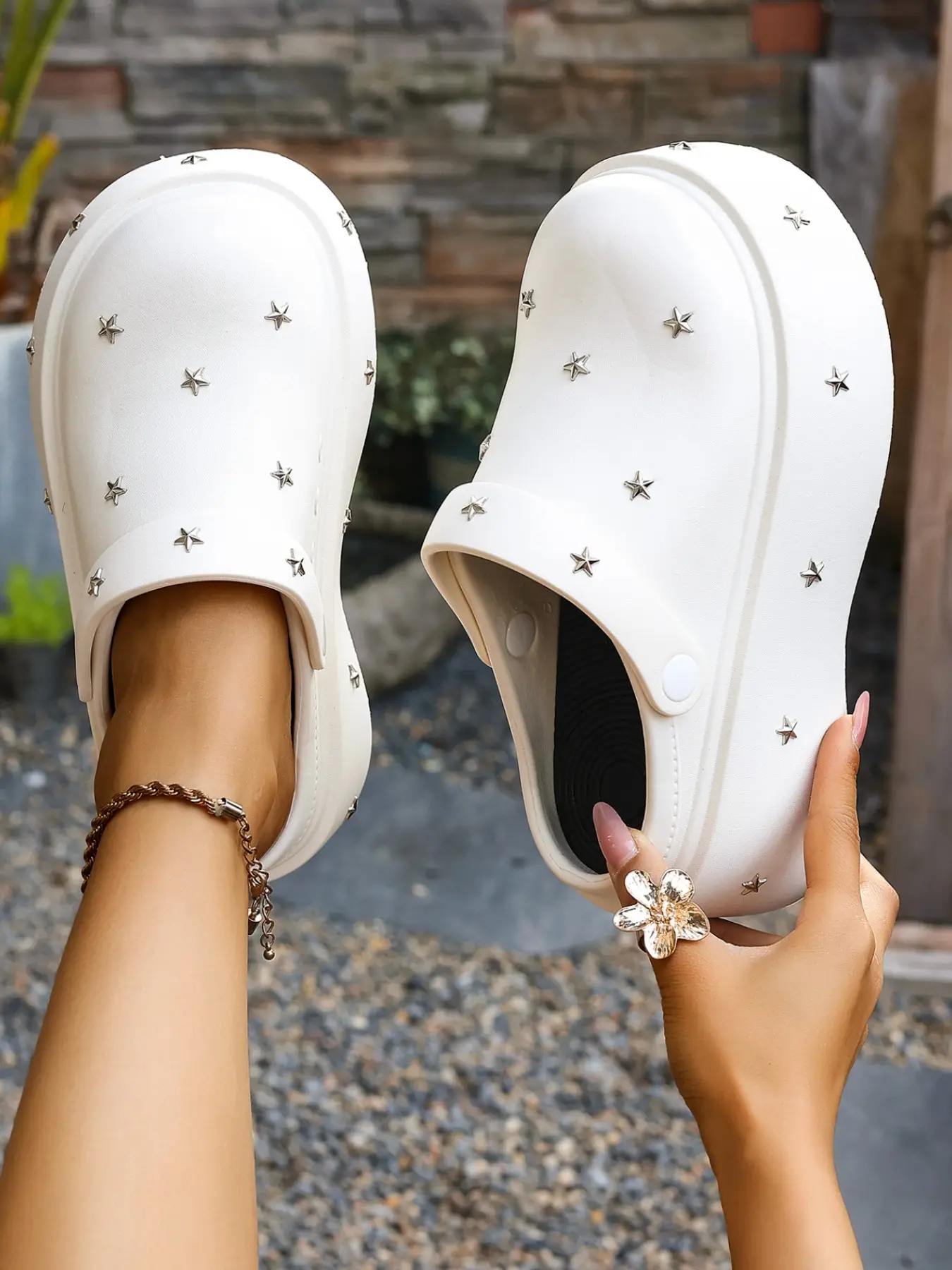 Star Thick Sole Holey Slippers, Casual PU Upper Rubber Sole, Plain ...