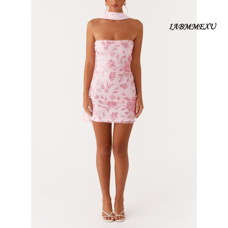 Women Sequin Sparkly Floral Tube Mini Dress with Scarf Y2k Sexy Pearl ...