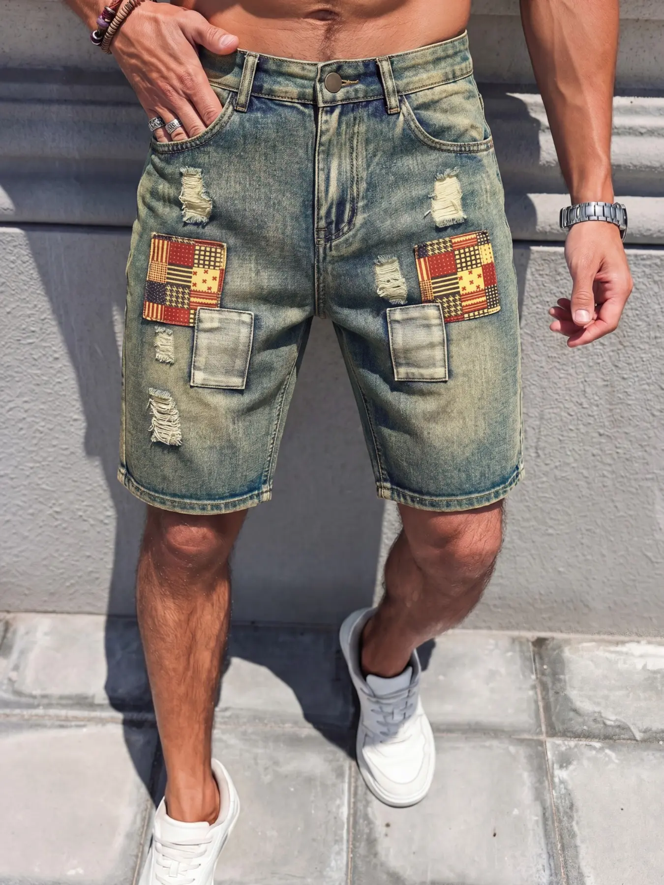 Men's Vintage Washed Denim Shorts, Slim Fit Patchwork Design, Frayed ...