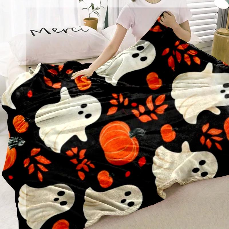 Halloween Pumpkin Skull Flannel Blanket, Digital Print Throw Cover, Air ...