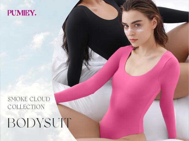 PUMIEY Women's Scoop Neck Long Sleeve Bodysuit Body-hugging Sexy Tops ...