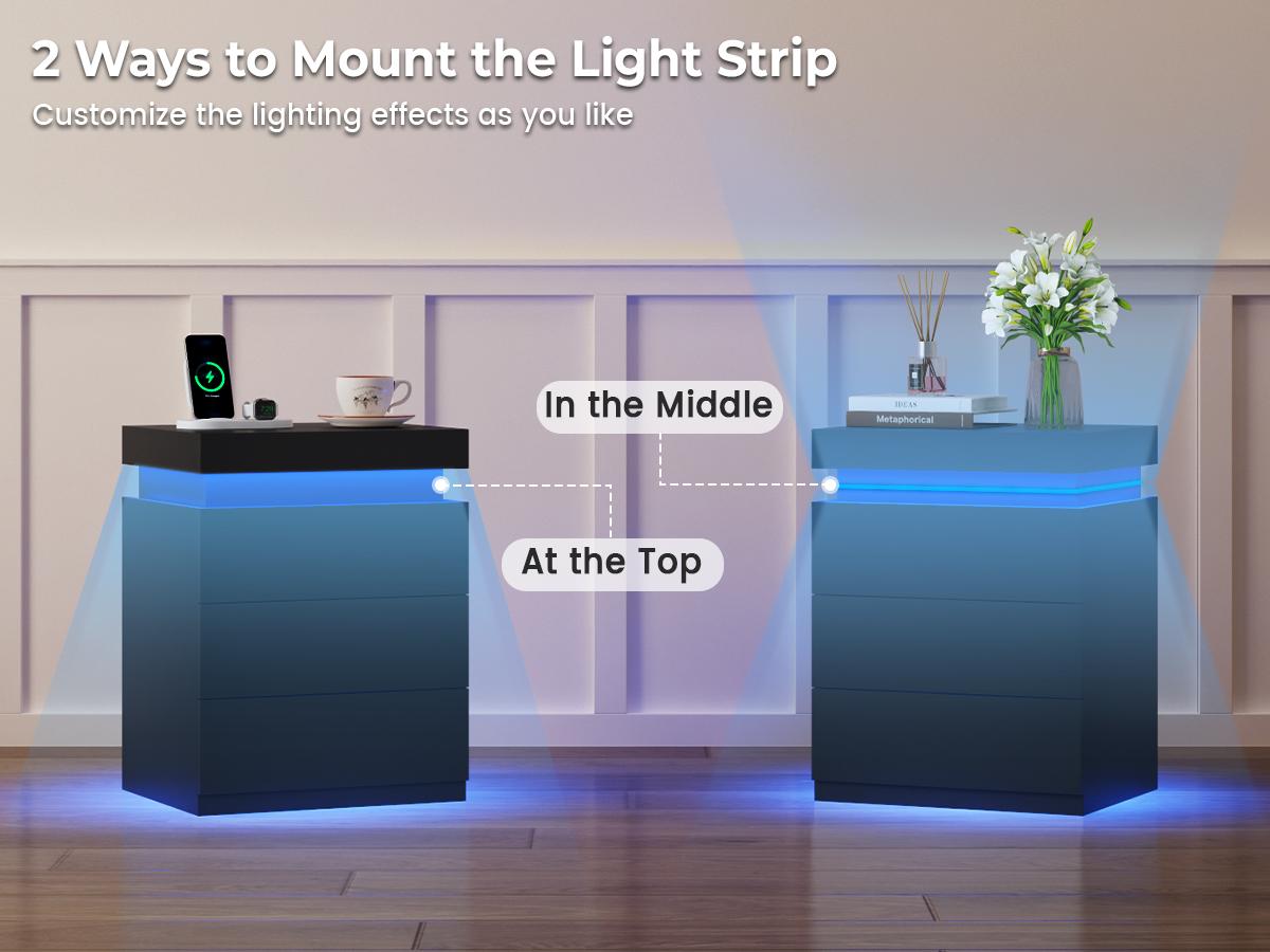 Modern Nightstand with Sliding Top Charging Station LED Lights 3 ...