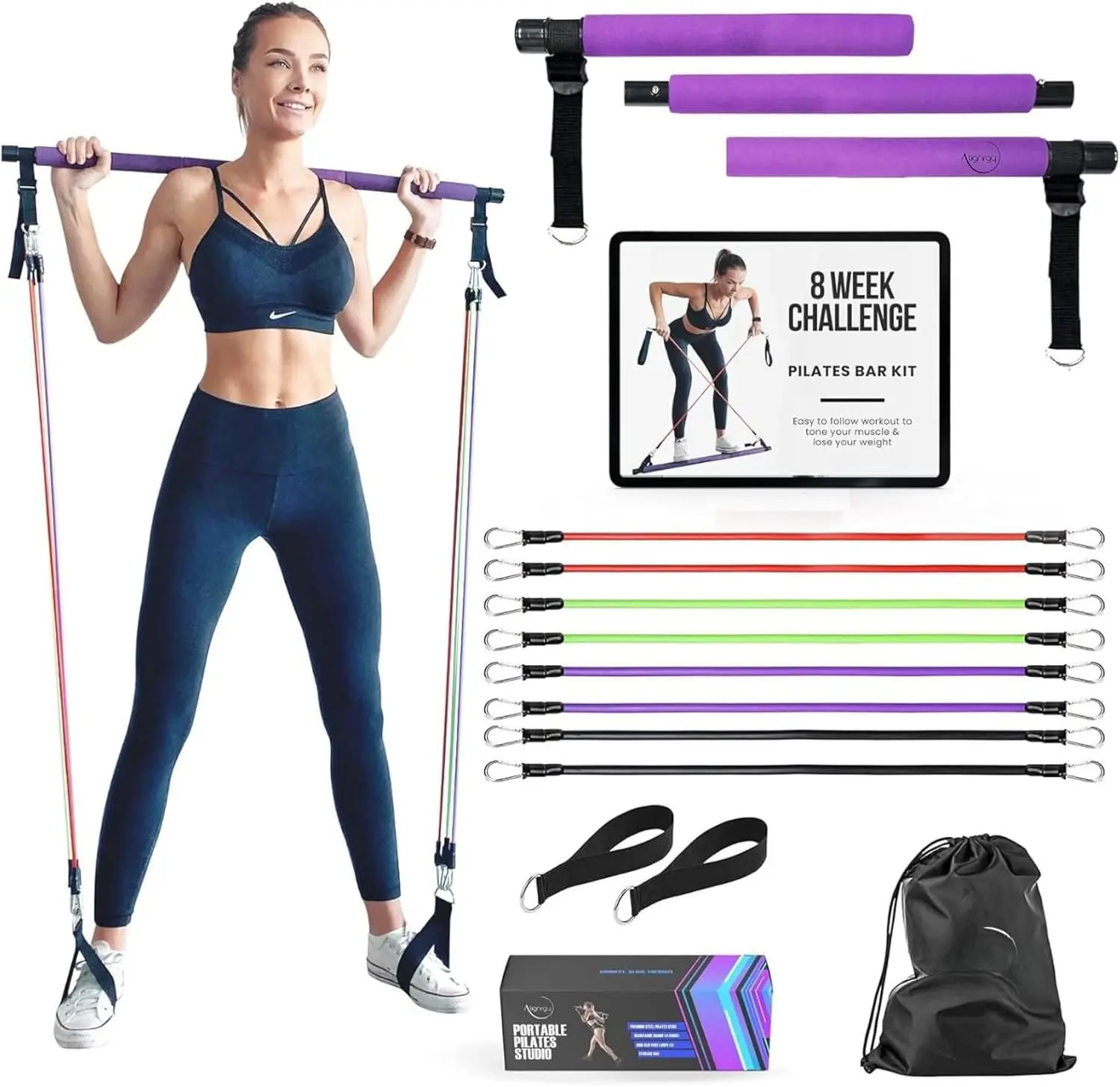 Portable Pilates Bar Kit with Resistance Bands (20, 30, 40, 50 LB) - 8 ...