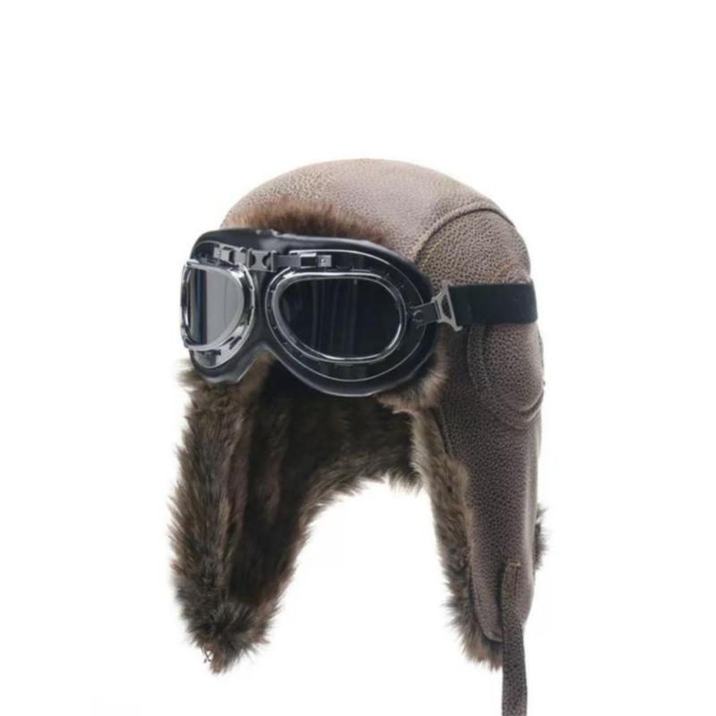 Aeropostale Camel Leather Pilot Hat with Goggles & Windproof Ear Flaps ...