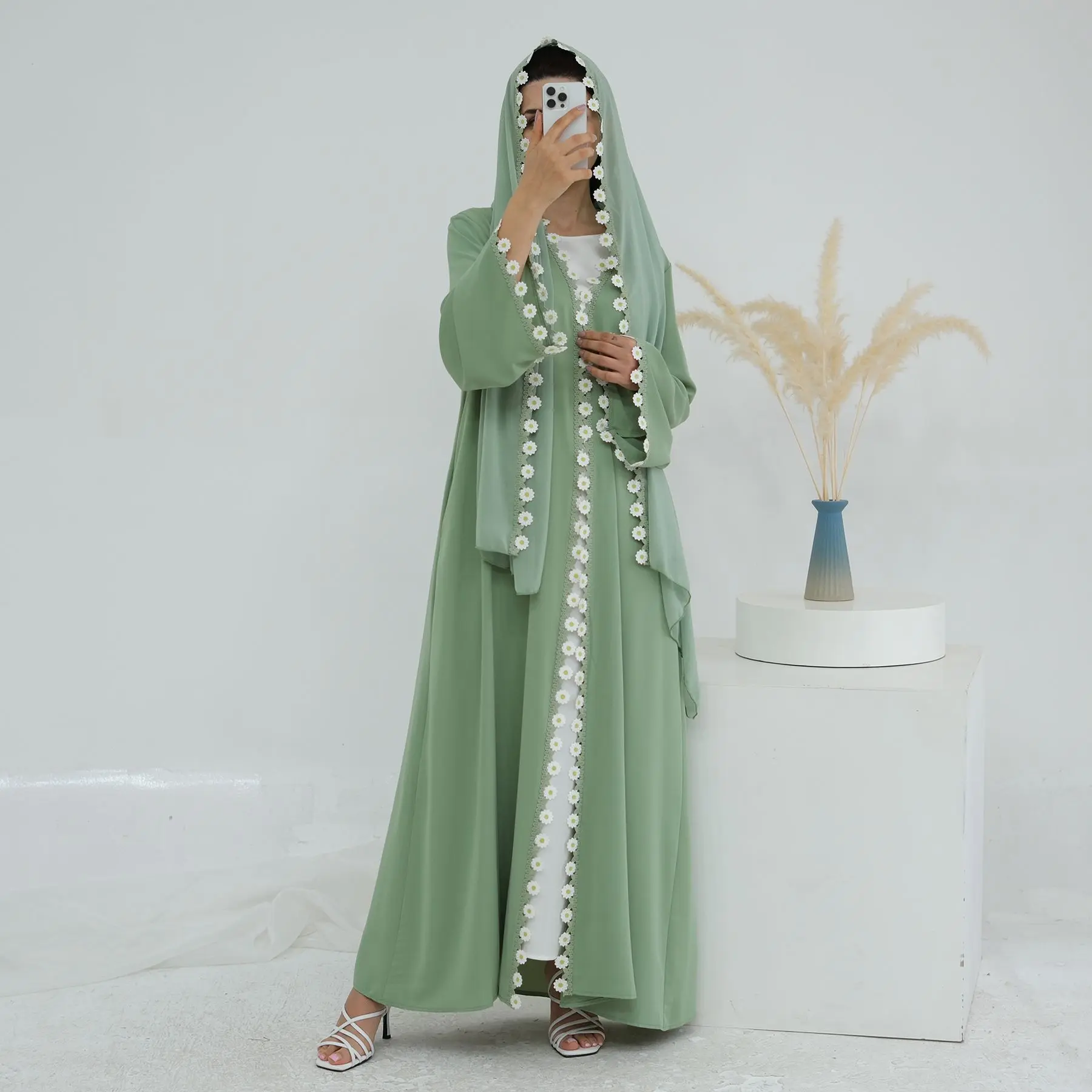 Daisy Trim Sage Green Open Abaya – Twin Garb Exclusive Maxi - TikTok Shop