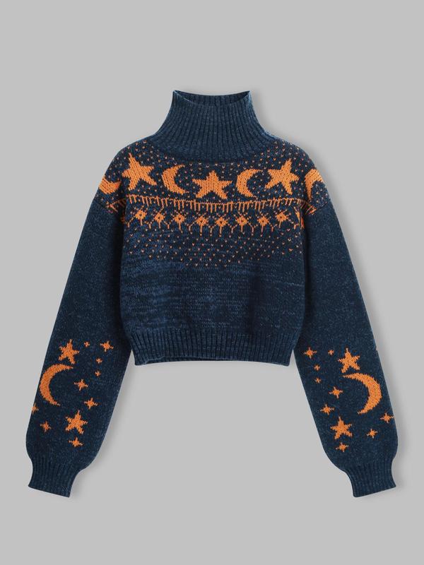 Women's Moon & Star Pattern High Neck Sweater, Boho Casual Long Sleeve ...