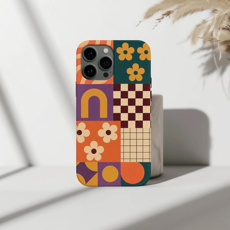 Groovy 70s Retro Patchwork Phone Case Funky Floral Checkerboard Cover ...