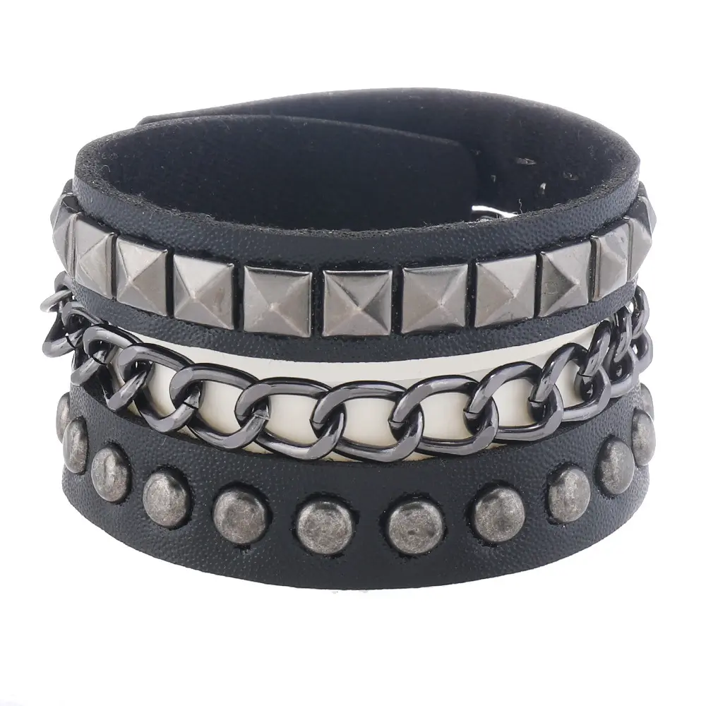 Men's Multi-Layer Black Leather Bracelet with Skull Star Spiked Hip Hop ...