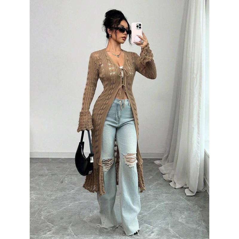 Casual Fitted V-Neck Long Sleeve Knit Flare Cuff Long Cardigan For ...