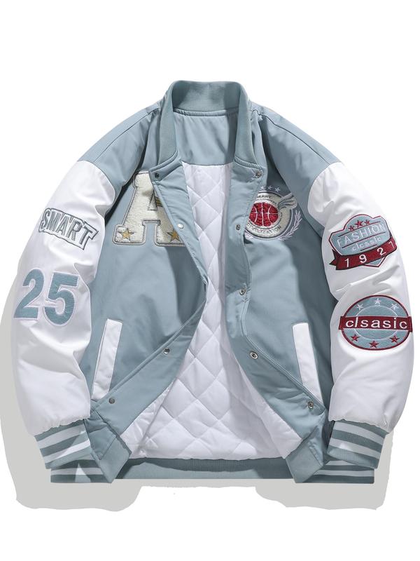 Men's Letter & Figure Embroidery Baseball Collar Jacket, Long Sleeve ...