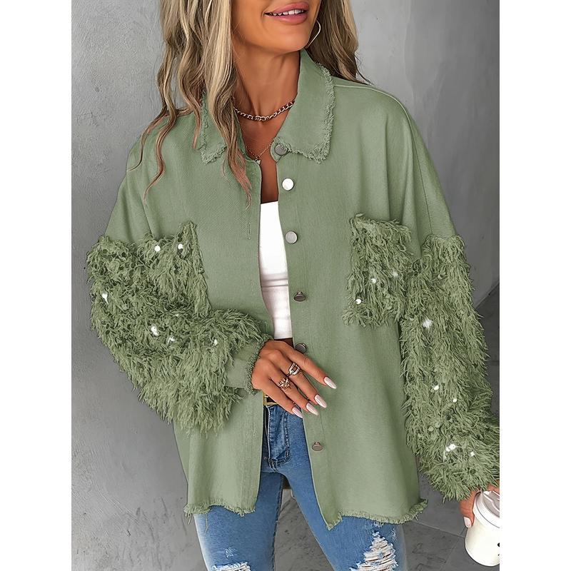 Contrast Sequin Tassel Fuzzy Patchwork Shacket - Stylish, Unique ...