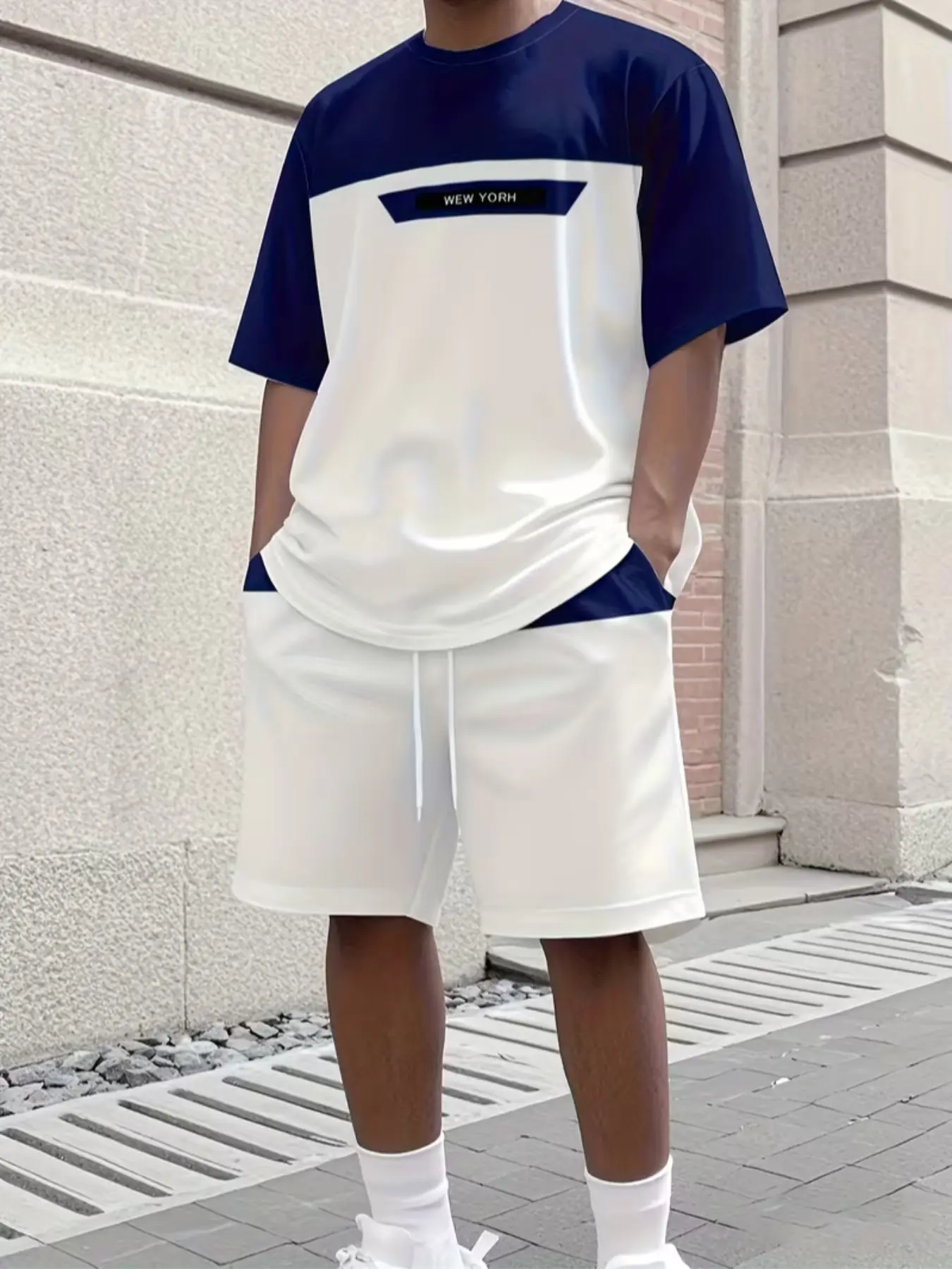 Men's Fashion Simple 3D Blue Digital Print Short Sleeve Drawstring ...