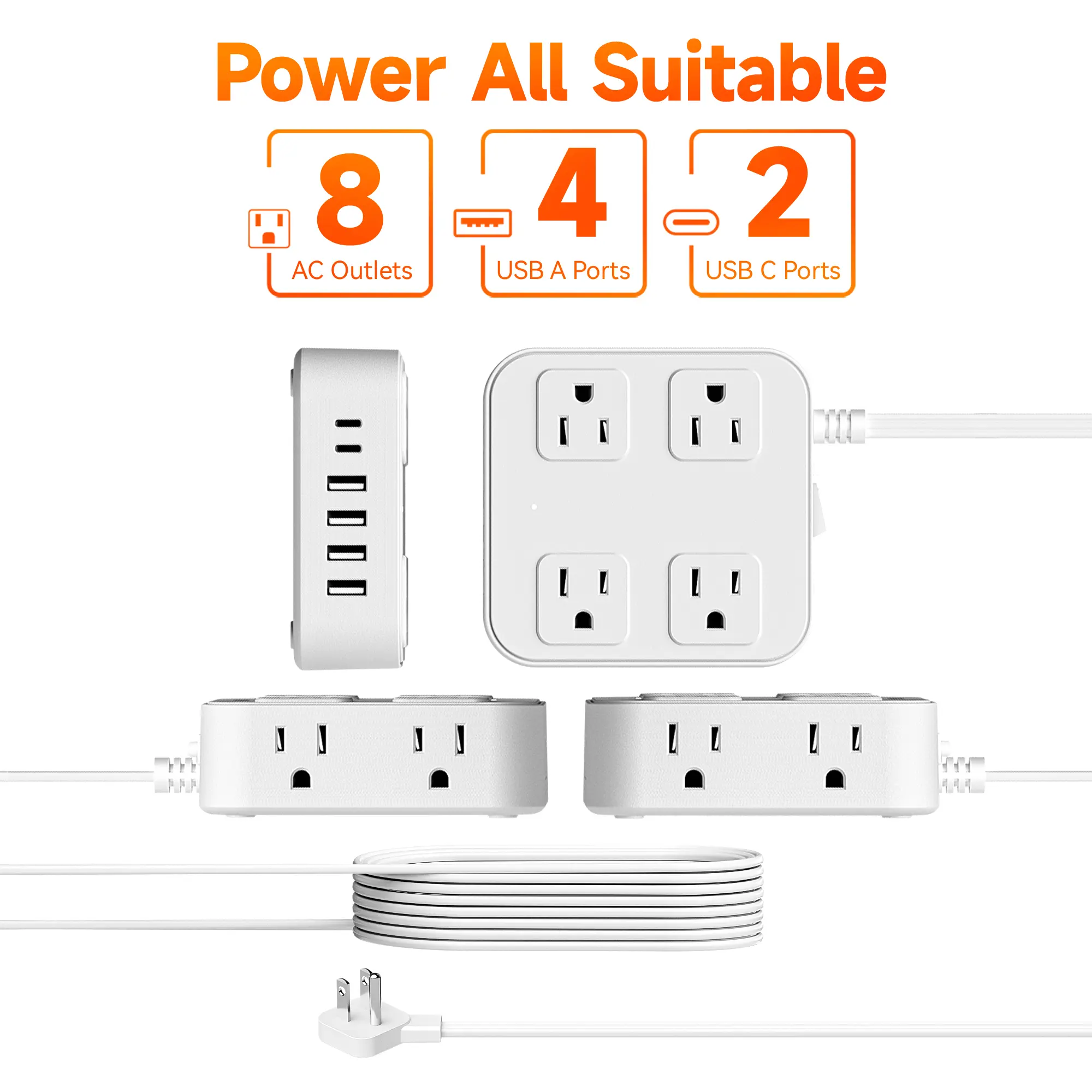8-Outlet Surge Protector Power Strip with 4 USB A Ports，2 USB-C, Flat ...