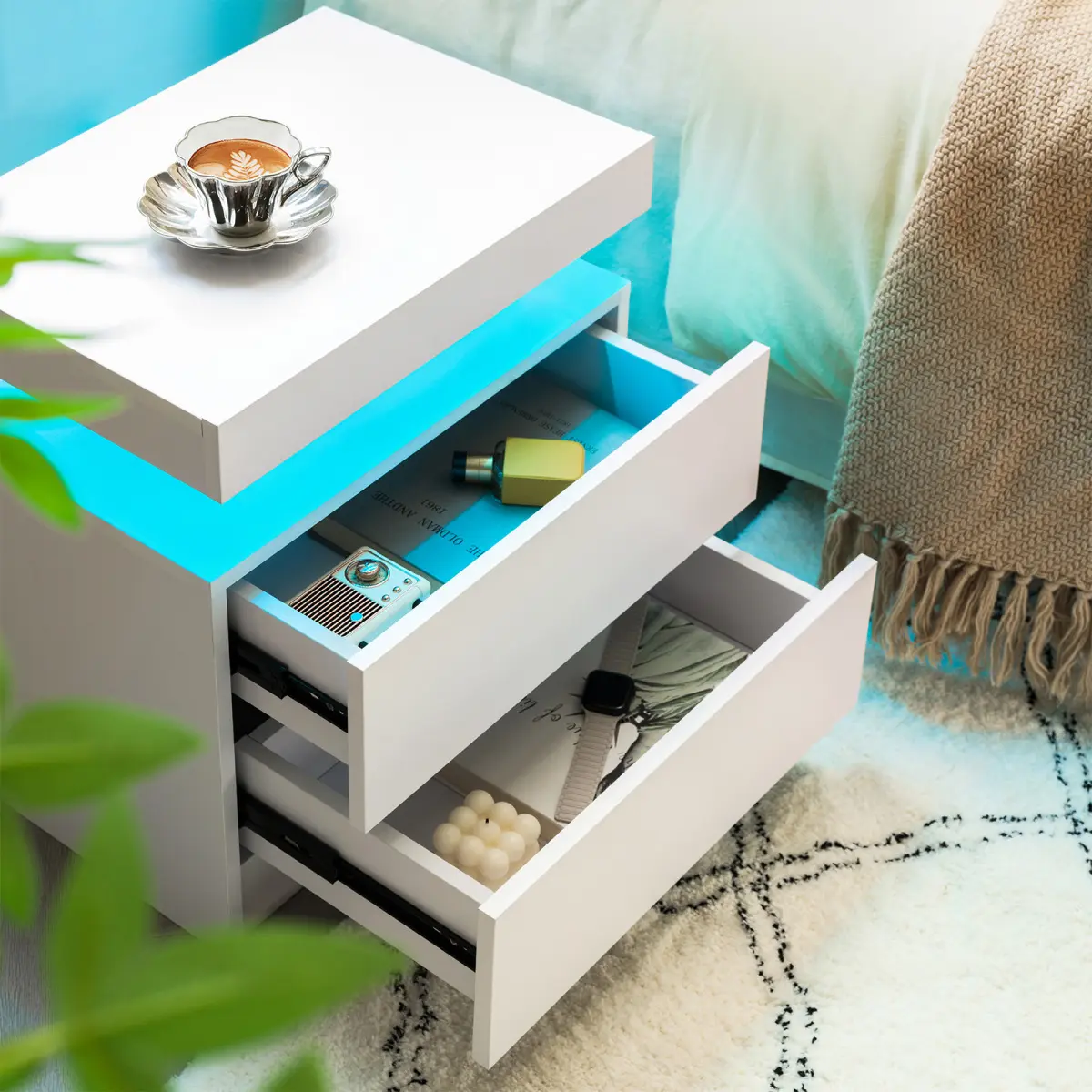 Set of 2 LED Nightstands with Drawers, Adjustable Color and Brightness ...