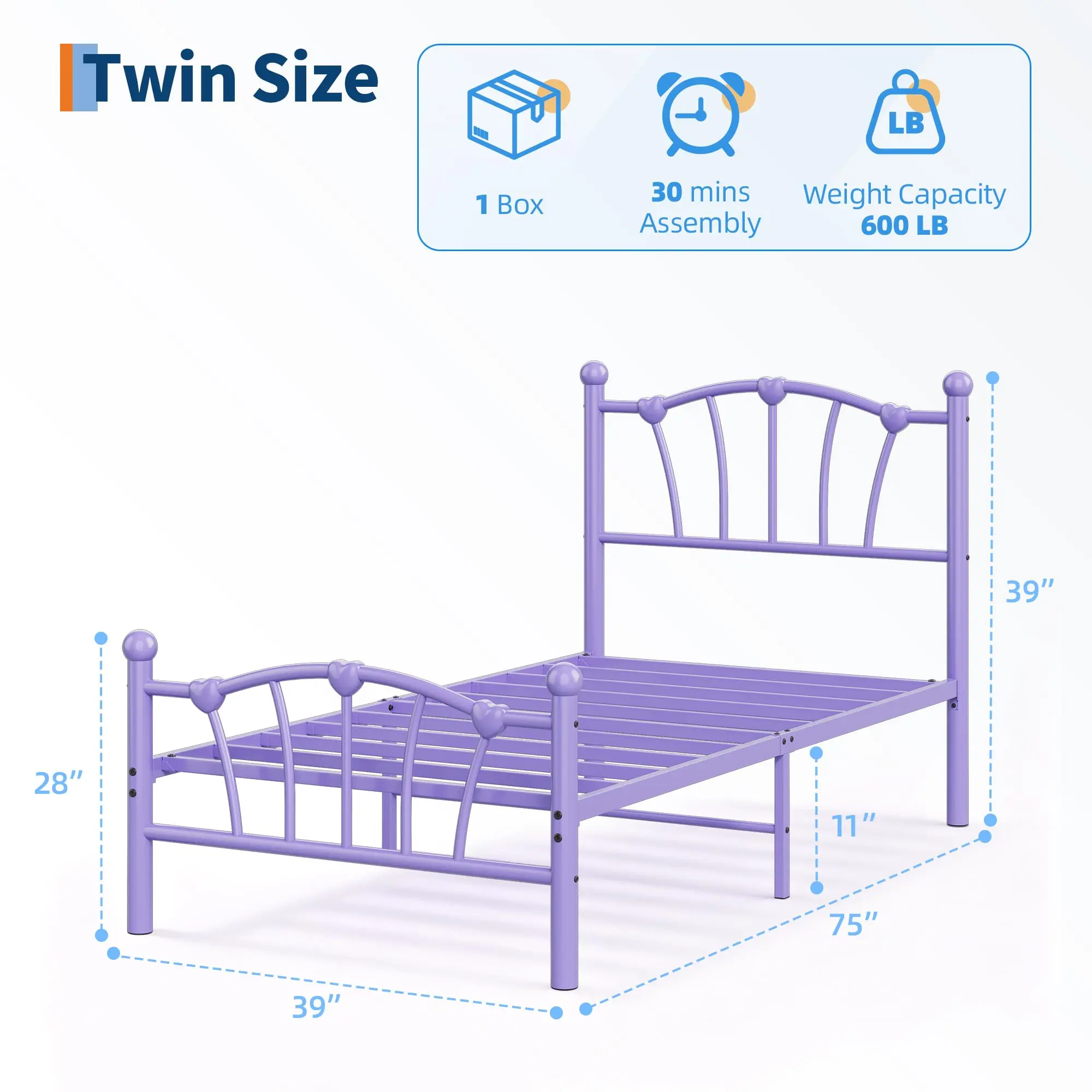 Garvee Twin Size Heart Shaped Metal Bed Frame with Headboard and ...