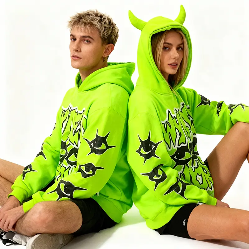 Neon Green "Wyked World" Horned Hoodie, Women's Y2K Streetwear Pullover ...