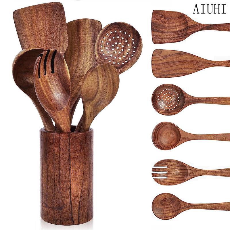 Wooden Utensils Set, 7 Counts/set Kitchen Utensils Cooking Set with ...