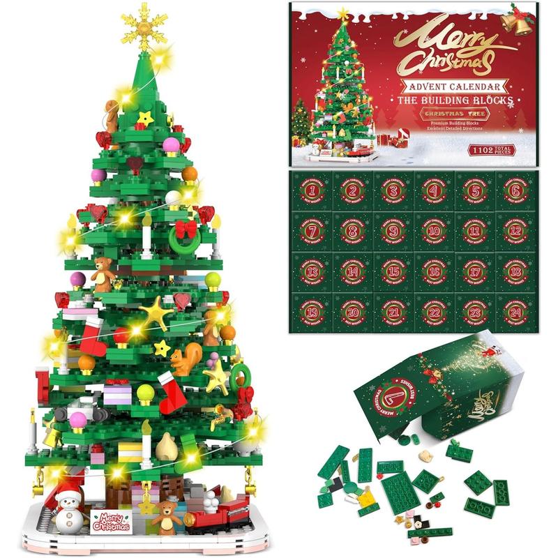 Advent Calendar 2025 Christmas Tree Building Toy Set with LED light ...