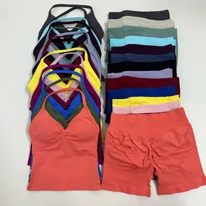 2025 Dfyne Seamless Yoga Set - Impact Scrunch Workout Shorts & Halter ...