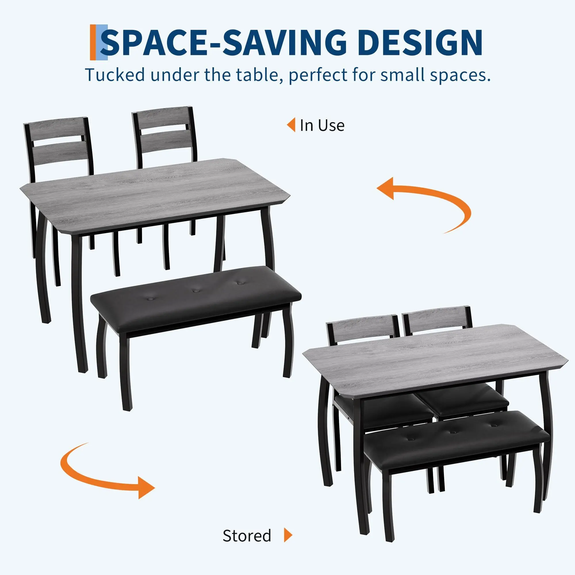 Gray 4-Pc Dining Set - Wood Space-Saving Table with Upholstered Bench ...
