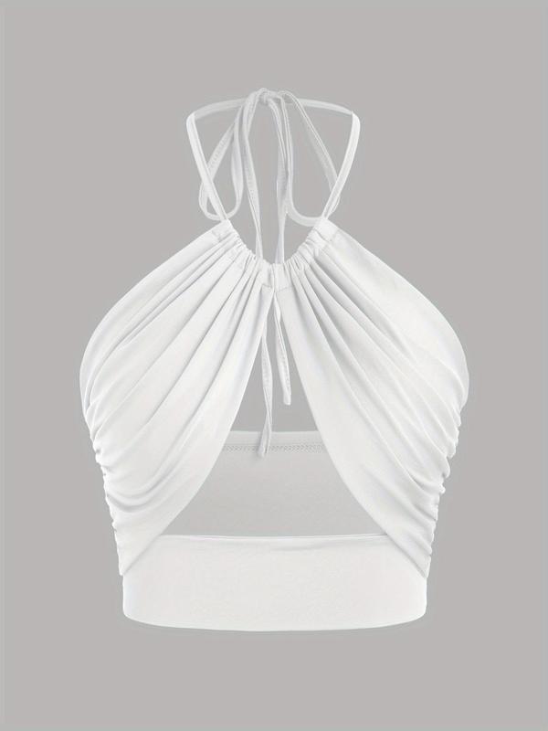 Women's Plain Cut Out Ruched Tie Back Halter Crop Top, Street Fashion ...