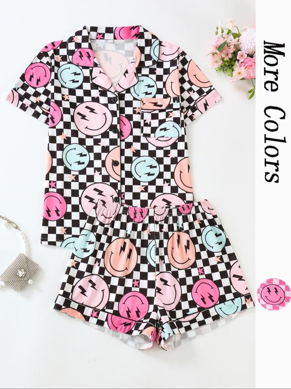 Women's Sleepwear Set, Smiley Face Print Pajamas, Lapel Button - TikTok ...